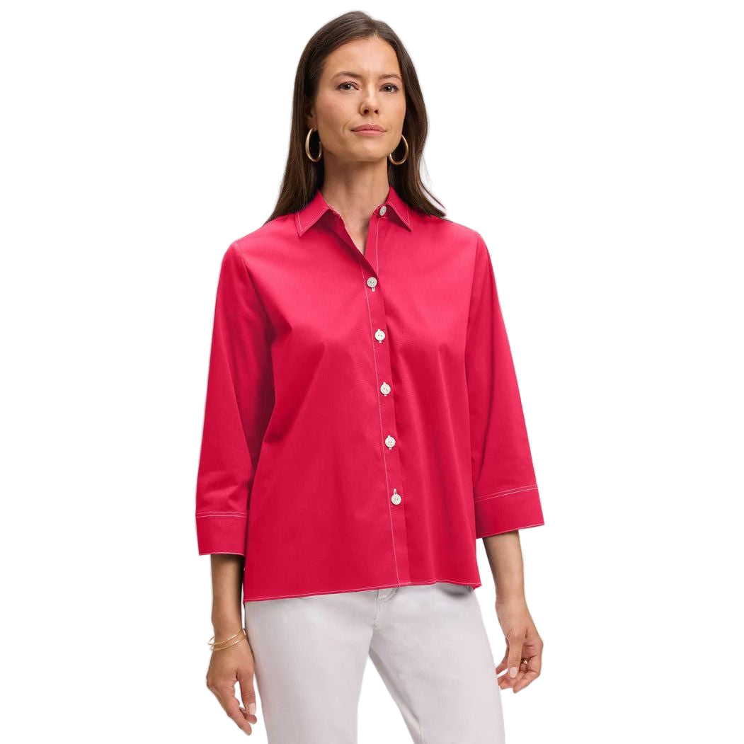 Foxcroft Kelly Solid Raspberry Contrast Stitch Stretch Shirt (RASP/WHT – SuePatrick.com