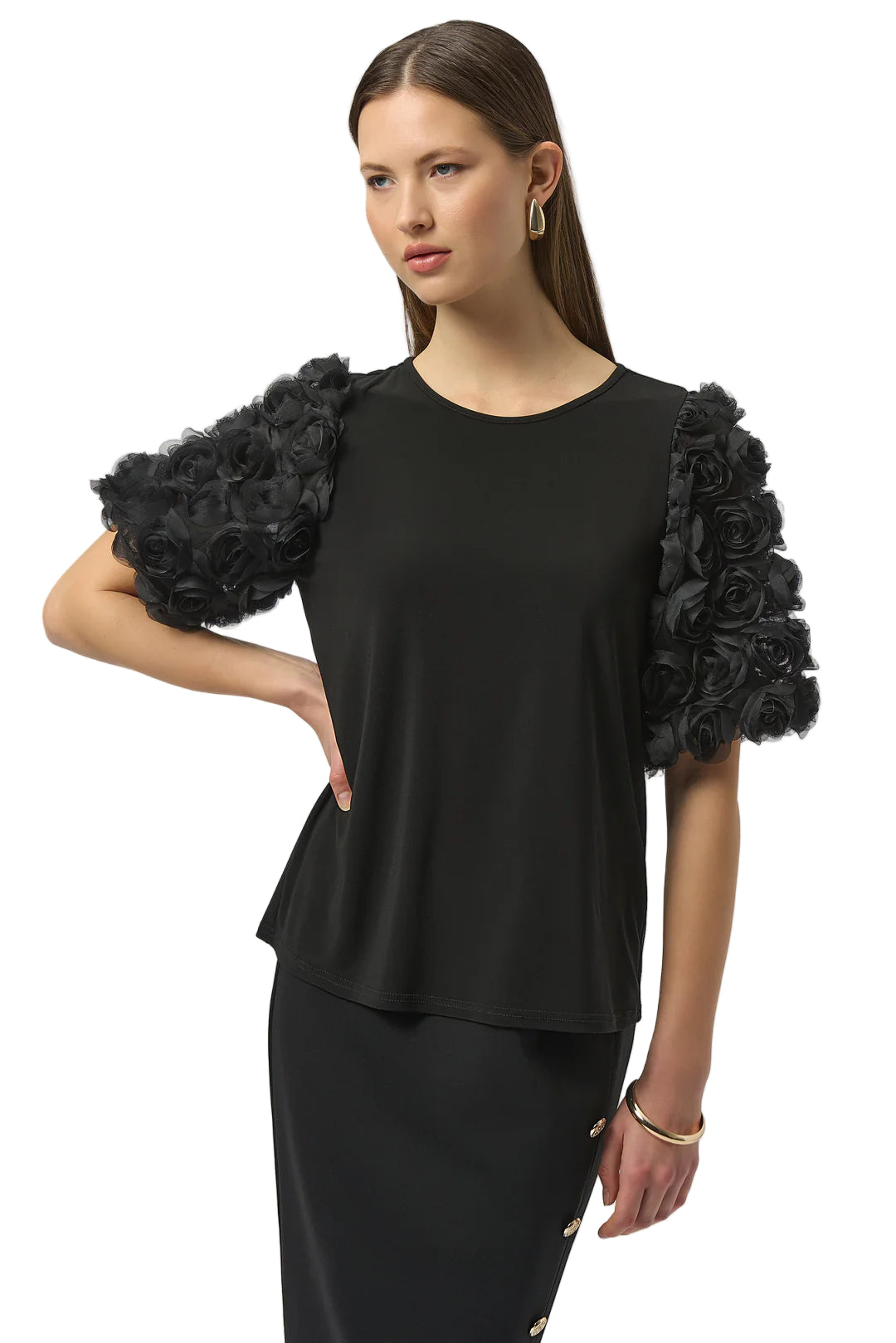 Joseph Ribkoff Rosette Embroidered Sleeves Black Top – SuePatrick.com