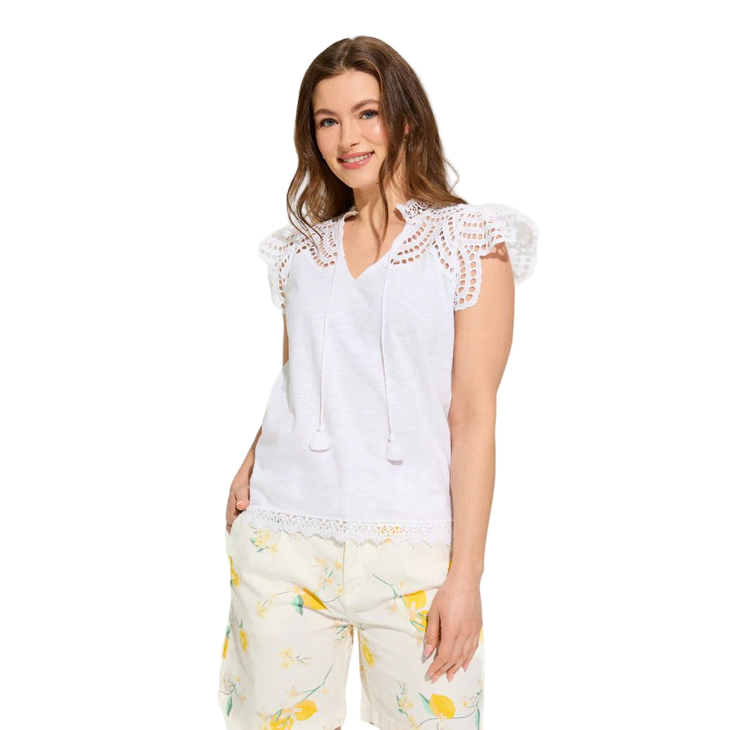 FDJ French Dressing White Flutter Sleeve Placed Eyelet Top – SuePatrick.com