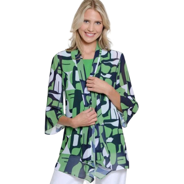 Multiples Geo Multi Drapey Open Front Flare Sleeve Jacket (GRN/MID ...