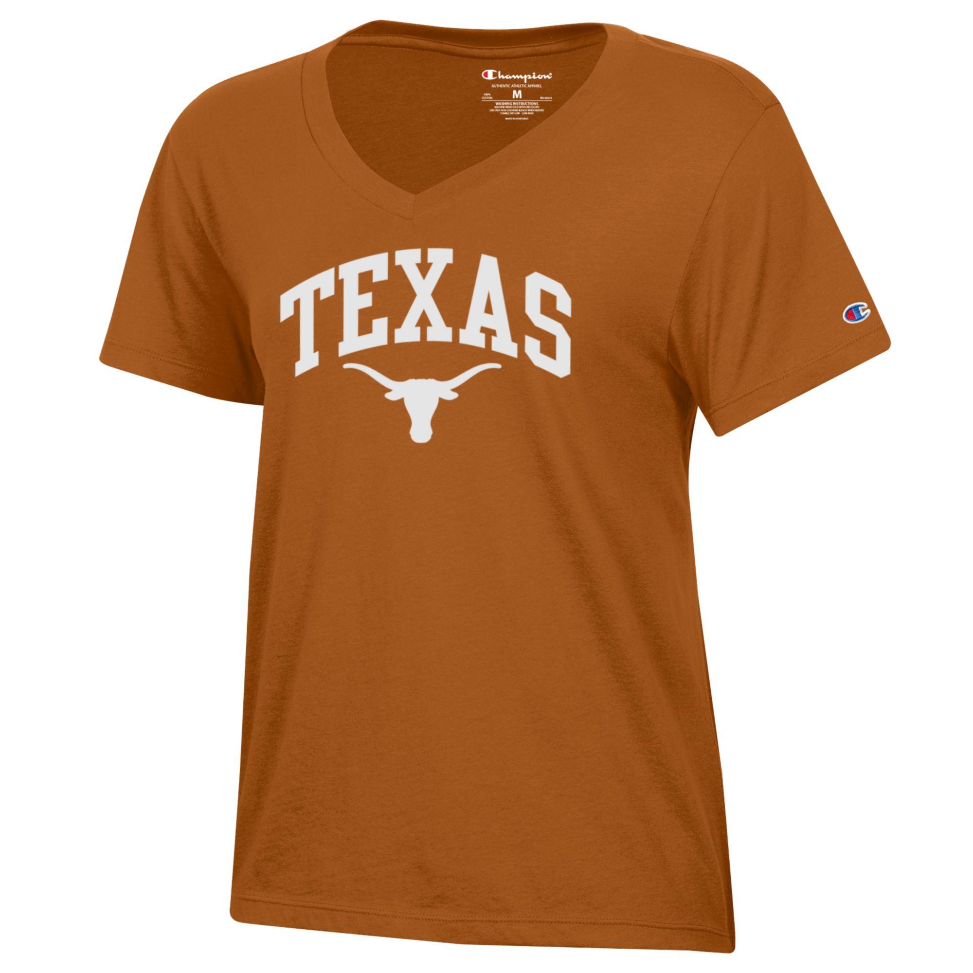 Texas Longhorn Ladies Arch TEXAS Over Logo V-Neck Tee – SuePatrick.com